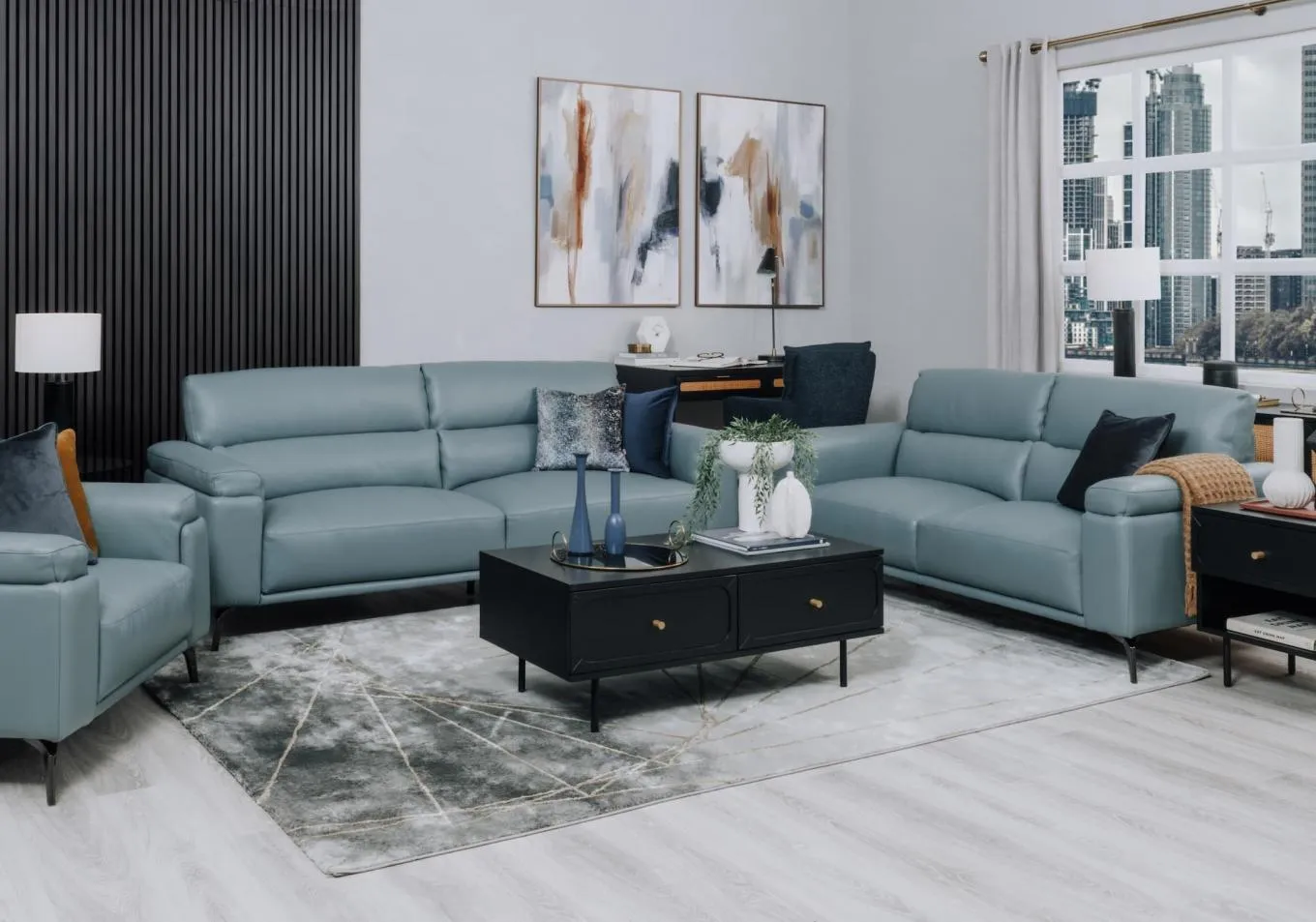 2 Seater Blue Leather Sofa - Lagoon - EZ Living Furniture